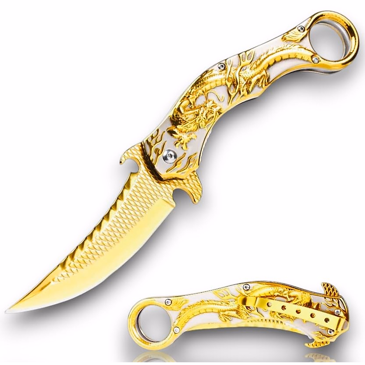 RAMBLADE Dragon folding knife with 440C stainless steel blade, 9.5 inches overall length, black handle (Gold)