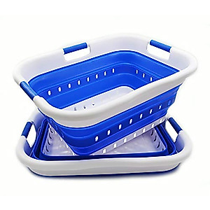SAMMART 41L Set of 2 Collapsible 3 Handled Plastic Laundry Basket - Foldable Pop Up Storage Container/Organizer - Portable Washing Tub - Space Saving Hamper/Basket (2, White/Dark Blue)