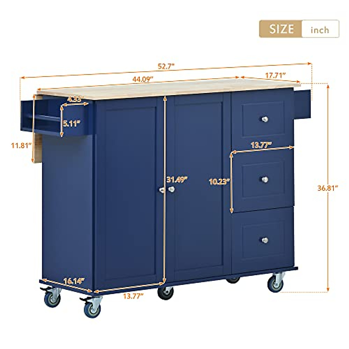 FEELLE Rolling Mobile Kitchen Island with Drop Leaf - Solid Wood Top, Locking Wheels & Storage Cabinet 52.7 Inch Width（Dark Blue）