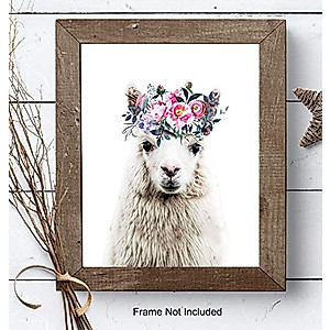 Baby Llama Wall Decor - Flower Crown Alpaca Wall Art Decoration for Girls Bedroom, Kids Room, Nursery - Cute Gift - Boho Shabby Chic Picture - 8x10 UNFRAMED Photo Poster