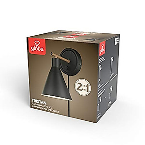 Globe Electric 51725 1-Light Dimmable Plug-in or Hardwire Wall Sconce, Matte Black, Faux Walnut Accent, Stepless Dimming Rotary Switch on Canopy, Black Fabric Cord, Wall Lights for Bedroom Plug in