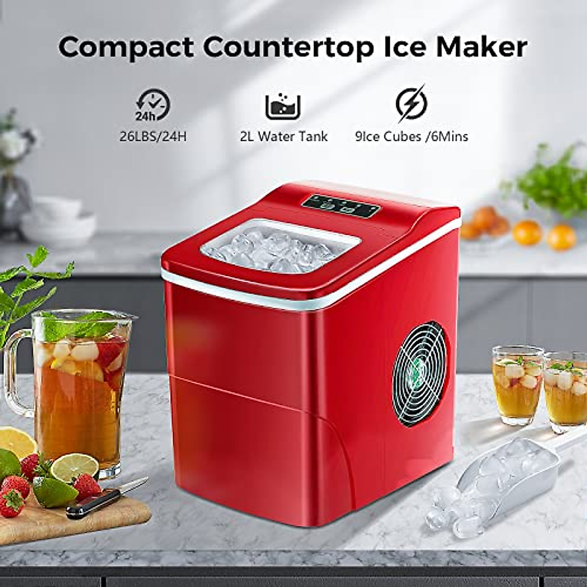 AGLUCKY Ice Makers Countertop with Self-Cleaning, 26.5lbs/24hrs, 9 Cubes Ready in 6~8Mins, Portable Ice Machine with 2 Sizes Bullet Ice/Ice Scoop/Basket for Home/Kitchen/Office/Bar/Party, Red