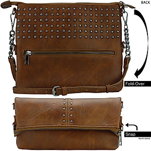 K&Bo Stevie Women’s Studded Chain Crossbody Handbag Purse Brown, Rocker Chic Boho Medium, Converts to Clutch Bag, Lightweight