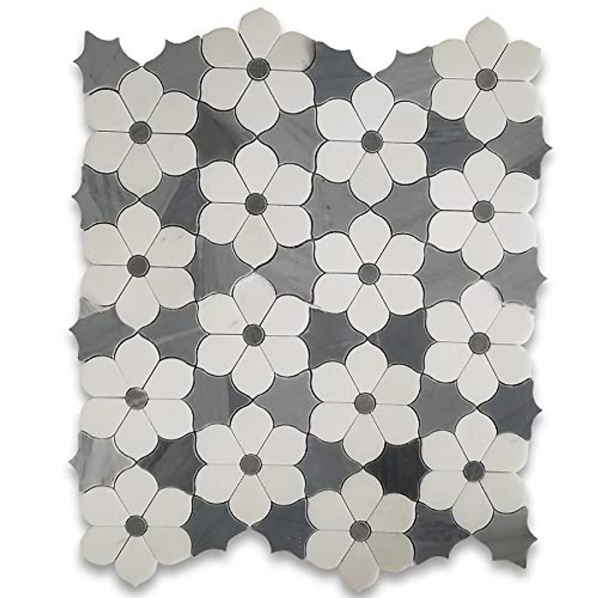 Stone Center Online Thassos White Marble Magnolia Flower Mosaic Tile w/Bardiglio Gray Polished Kitchen Bath Wall Floor Backsplash Shower (1 Sheet)