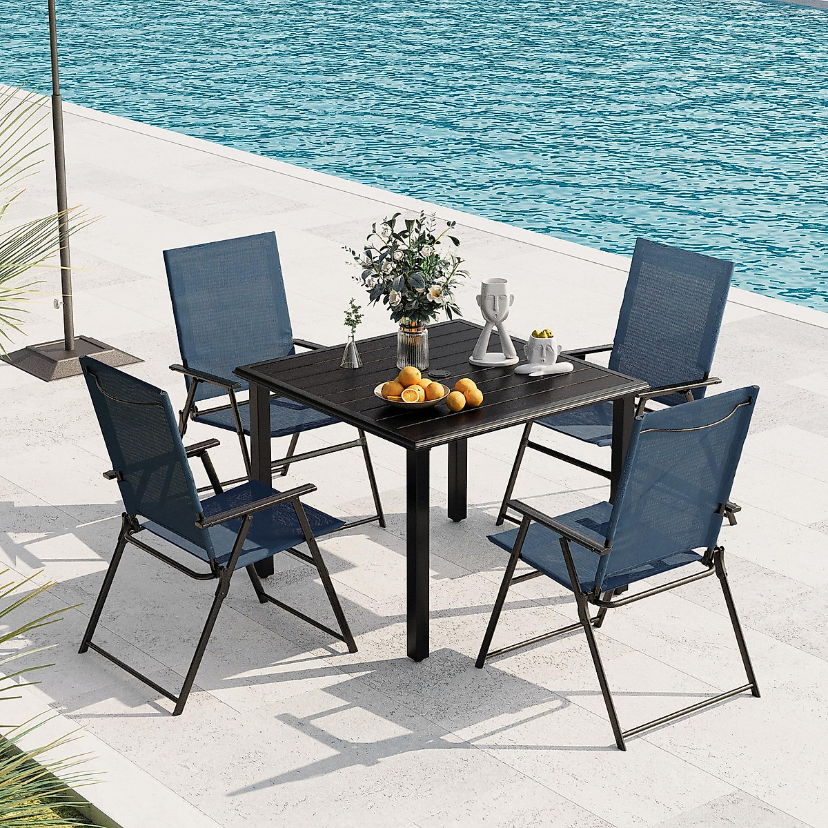 VICLLAX Patio Folding Chairs Set of 2, Outdoor Portable Sling Lawn Chairs for Camping Garden Pool Beach Yard, Dark Blue