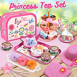 Toylink Kids Tea Party Set for Little Girls Princess Toys 47Pcs Tin Tea Set Food Dessert Playset Carring Box Kitchen Pretend Play Toy for 3 4 5 6 Years Toddler Girls Birthday Gift