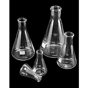 QWORK Erlenmeyer Flask Set - 50ml, 150ml, 250ml, 500ml & 1000ml - Narrow Neck, Clear Graduations - - Borosilicate 3.3 Glass - Ideal for Professional Lab Use