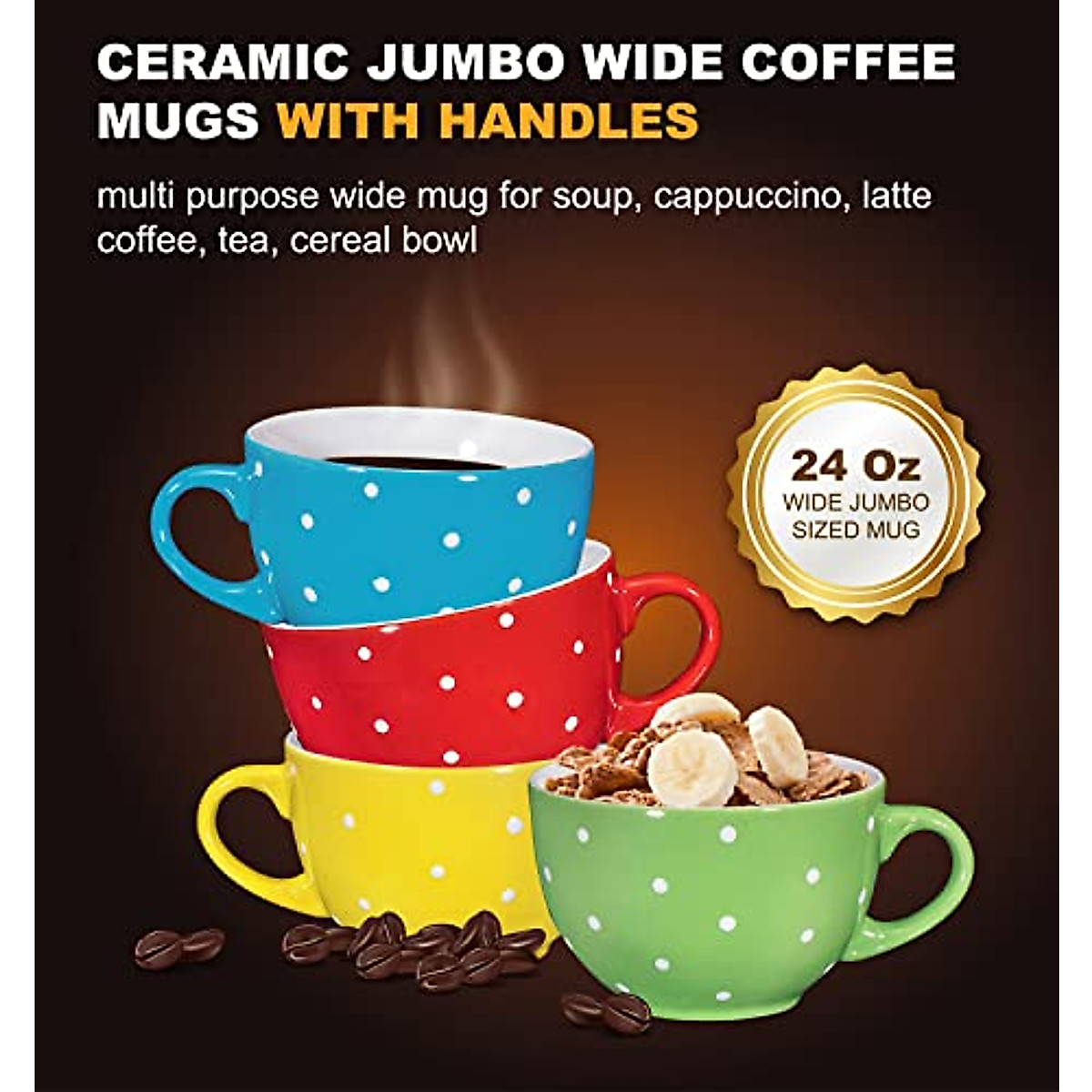 Bruntmor | Large Coffee Mug - 24 Oz Polka Dots Mug - Ceramic Soup Mug - Large Cereal Cups with Handles - Suitable As Tea, Cocoa & Coffee Mugs - Easy-to-clean - Comfortable Handle