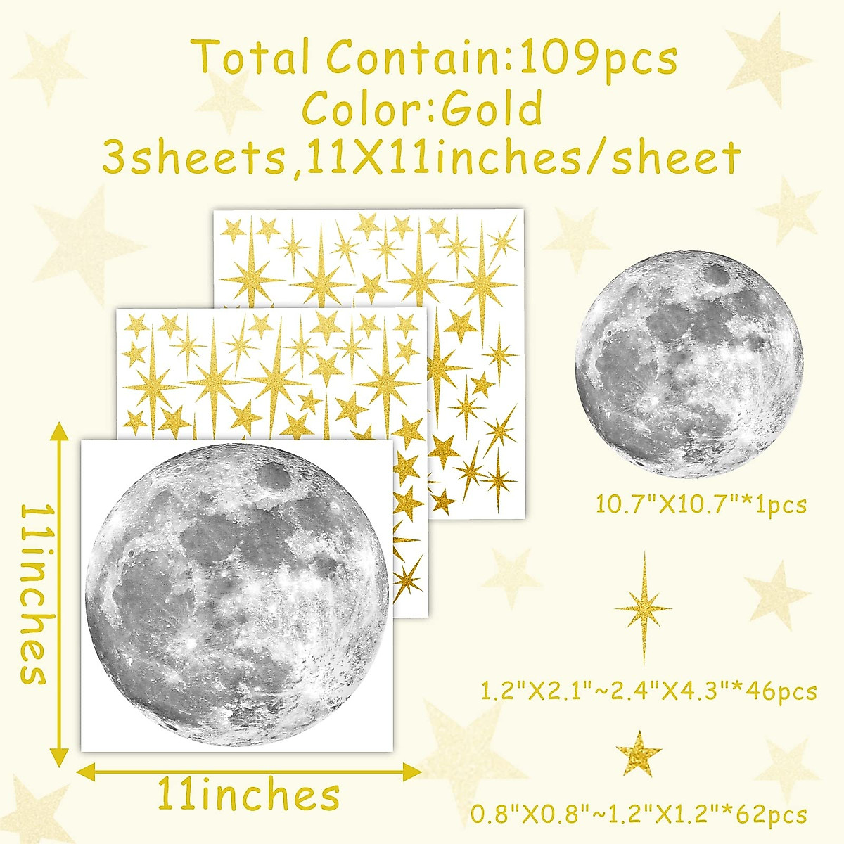 Moon and Stars Wall Decal Moon Wall Sticker Gold Star Decals Peel and Stick Wall Stickers Mural for Kids Baby Room Nursery Wall Decor Vinyl Star for Ceiling Wall Decals for Bedroom Playroom Decoration