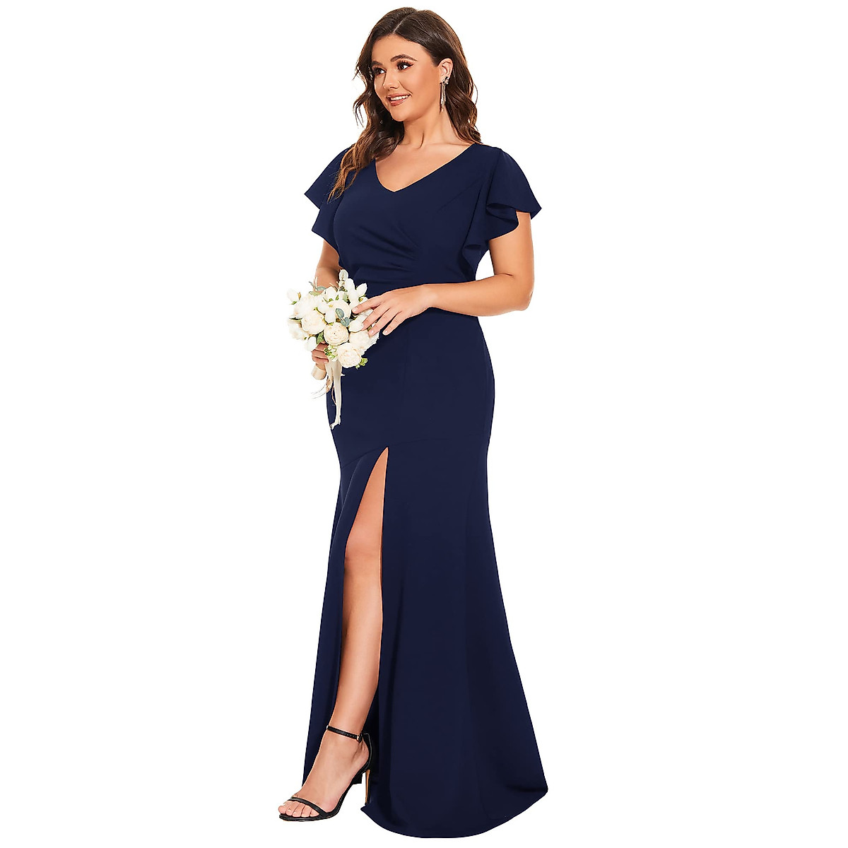 Ever-Pretty Women's Plus Size V-Neck Ruffle Sleeves Side Slit Mermaid Elastic Empire Prom Dress Formal Dress Navy Blue L