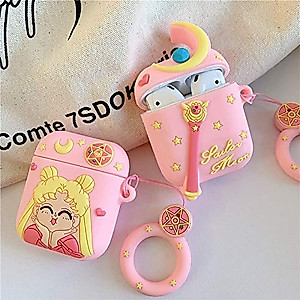 TanMay AirPods 1 & 2 Case Soft Silicone Pink Sailor Moon Crystal Wand Cover with Strap for Apple AirPods 3D Cartoon Magical Girl,Protective Cool Fun Cute Lovely Special Girls (Magic Wand)