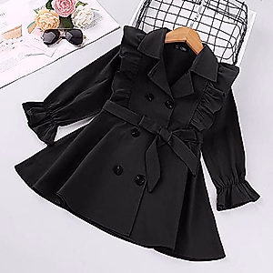 IZYJOY Toddler Baby Girl Fall Trench Coat Double Breasted Ruffle Trim Belted Winter Long Sleeve Casual Windbreaker Jacket (Black, 5-6X)