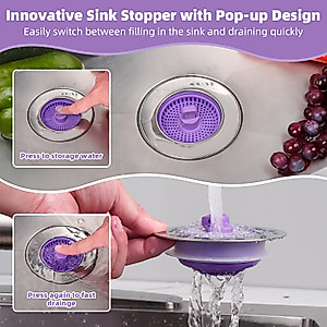 Hibbent Universal 3 in 1 Kitchen Sink Drain Strainer with Sink Stopper, Chrome Stainless Steel Wraped Shell, Anti-Clogging Basket Strainer, Foldable Handle, Fit for US Standard 3-1/2" Drain, Purple