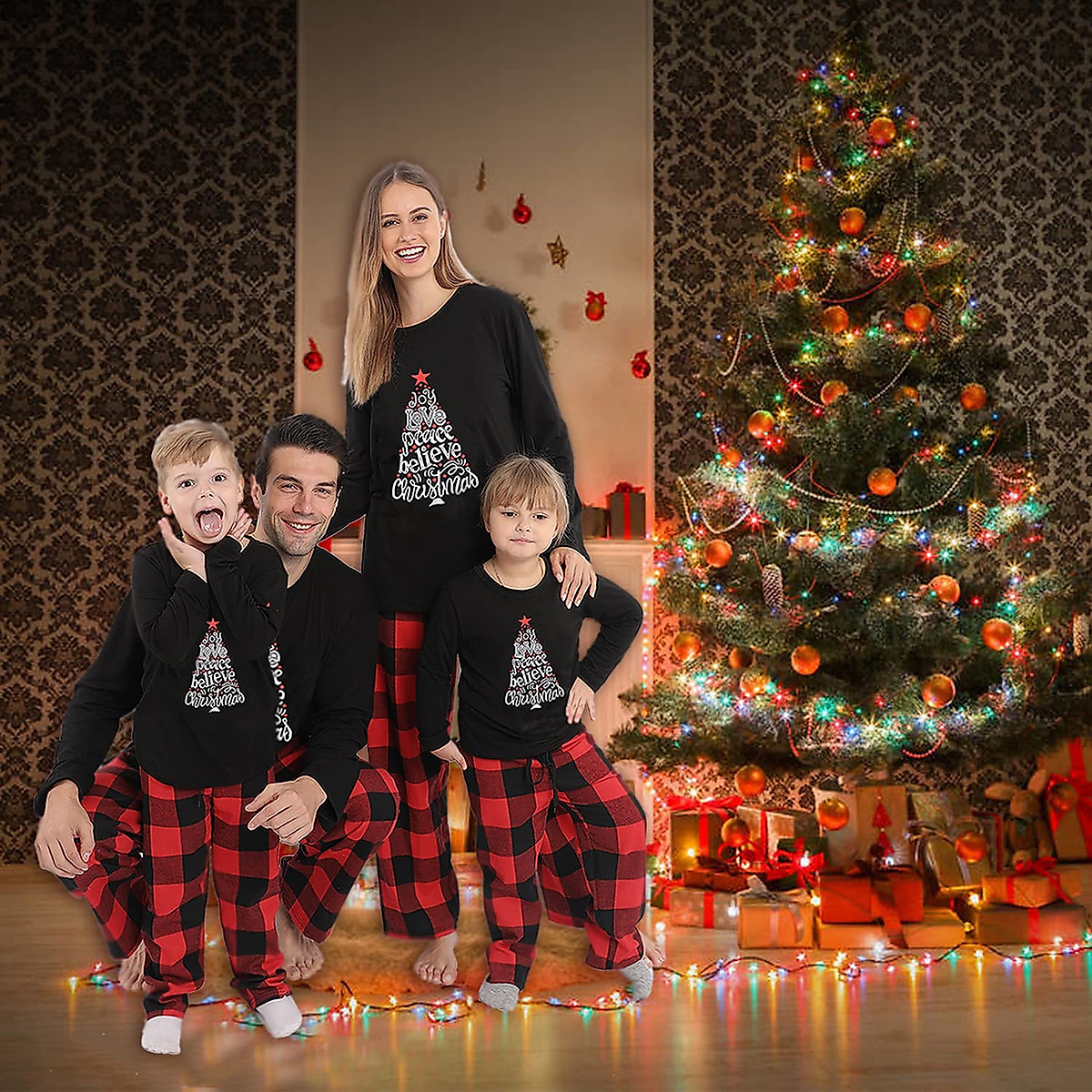 Onancehim Matching Christmas Pajamas for Family, Funny Holiday Cute Let It Snow Print Tops and Plaid Pants Xmas Sleepwear Pjs Set (Women, L, Black)