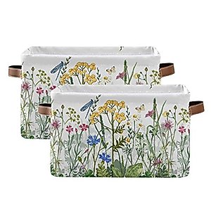 KEEPREAL Colorful Herbs and Flowers Storage Baskets,Decorative Collapsible Rectangular Canvas Fabric Storage Bin for Home, 2PACK