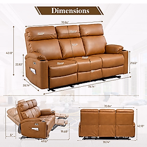 PALLOME Power Reclining Sofa, Electric 3-Seat Dual Recliner Sofa with USB Ports, Cup Holders, Wall Hugger Sofa & Couch for Living Room Home Theater Apartment RV (Brown)