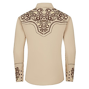SALVAJE OESTE Western Embroidered Cowboy Shirts for Men, Casual Button Down Long Sleeve Shirt Floral Design Retro Shirt Khaki