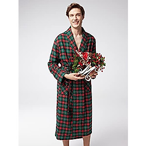 SIORO Mens Robes Flannel 100% Cotton Plaid Bath Robe Soft Flannel Bathrobe Sleepwear for Bath Shower Lounging, Christmas Red and Green Plaid, Large