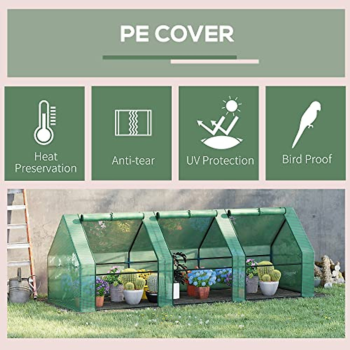Outsunny 9' x 3' x 3' Portable Mini Greenhouse Outdoor Garden with Large Zipper Doors and Water/UV PE Cover, Green