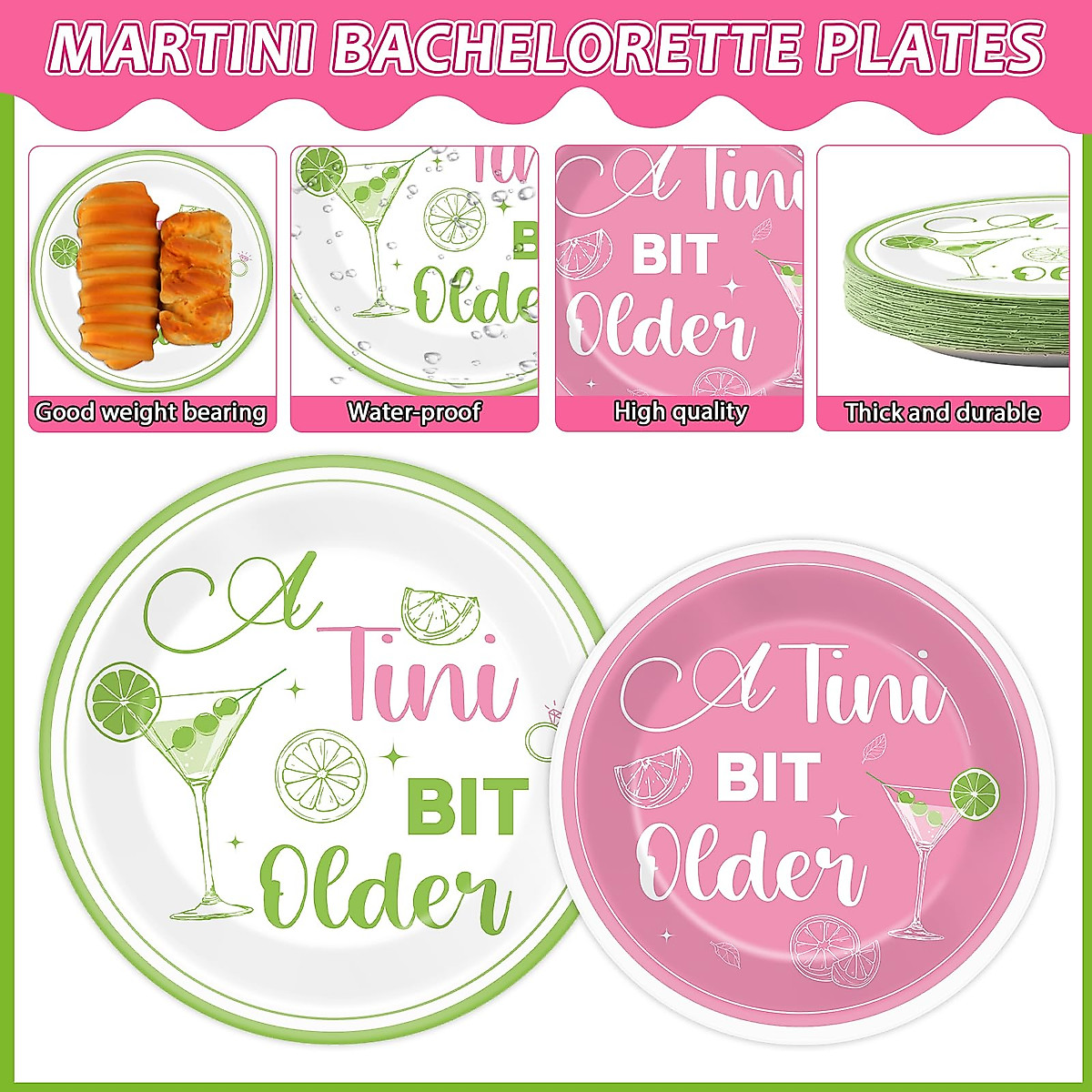 96pcs A Tini Bit Older Party Supplies Martini Paper Plates Napkins Weenies and Tini Dessert Party Tableware Set Hot Pink & Green Dinnerware for Birthday Bridal Wedding Baby Shower Decoration Serve 24