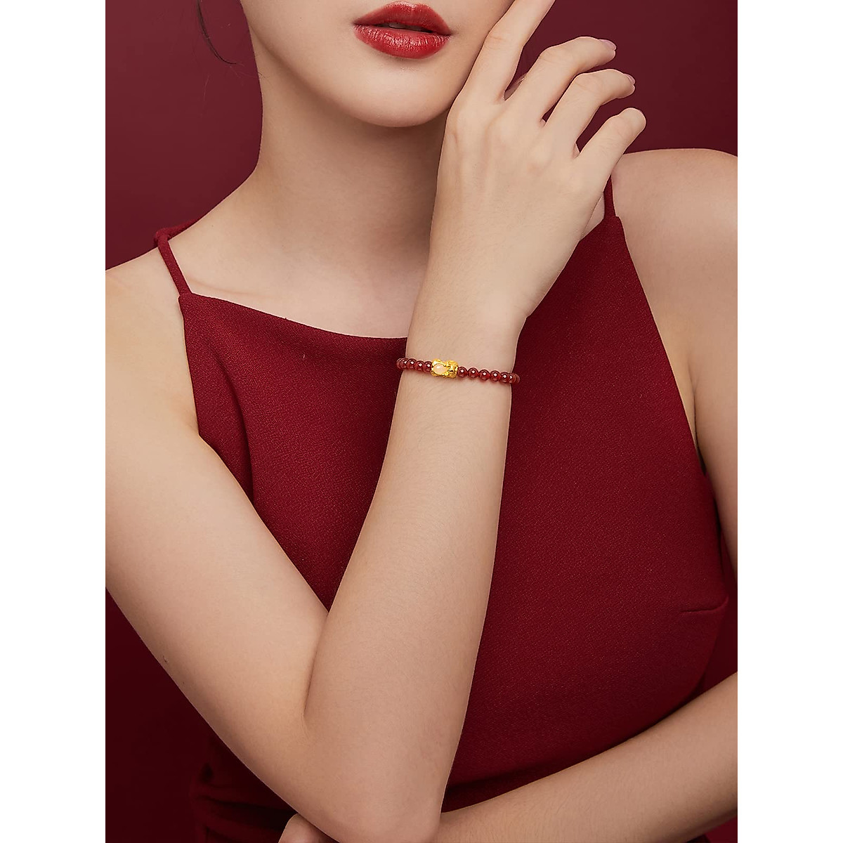 ZHOU LIU FU 24K Solid Gold Bracelets for Women, Real Pure Gold Pixiu Bracelet, Adjustable Red Agate Bead Bracelets with White or Green Nephrite Jade for Men Teen Girls