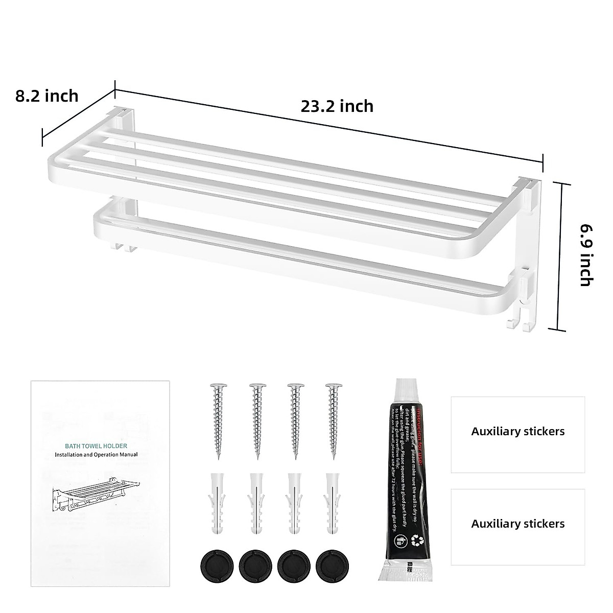 Foldable Towel Rack, Wall Mounted with 2 Bars and Hooks, 23.6" (White)