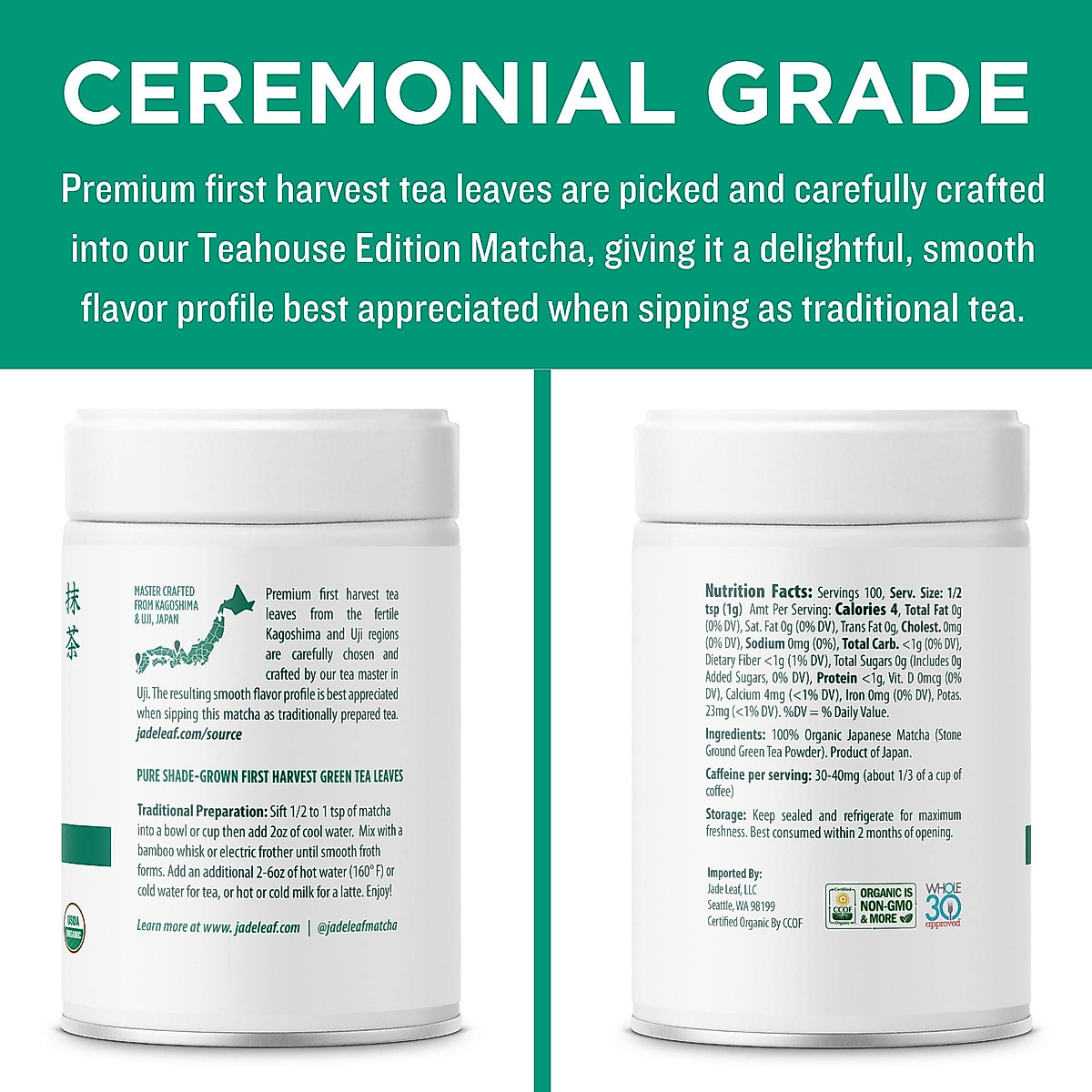 Jade Leaf Matcha Organic Green Tea Powder, Ceremonial Grade, Teahouse Edition Premium First Harvest - Authentically Japanese (3.53 Ounce Tin)