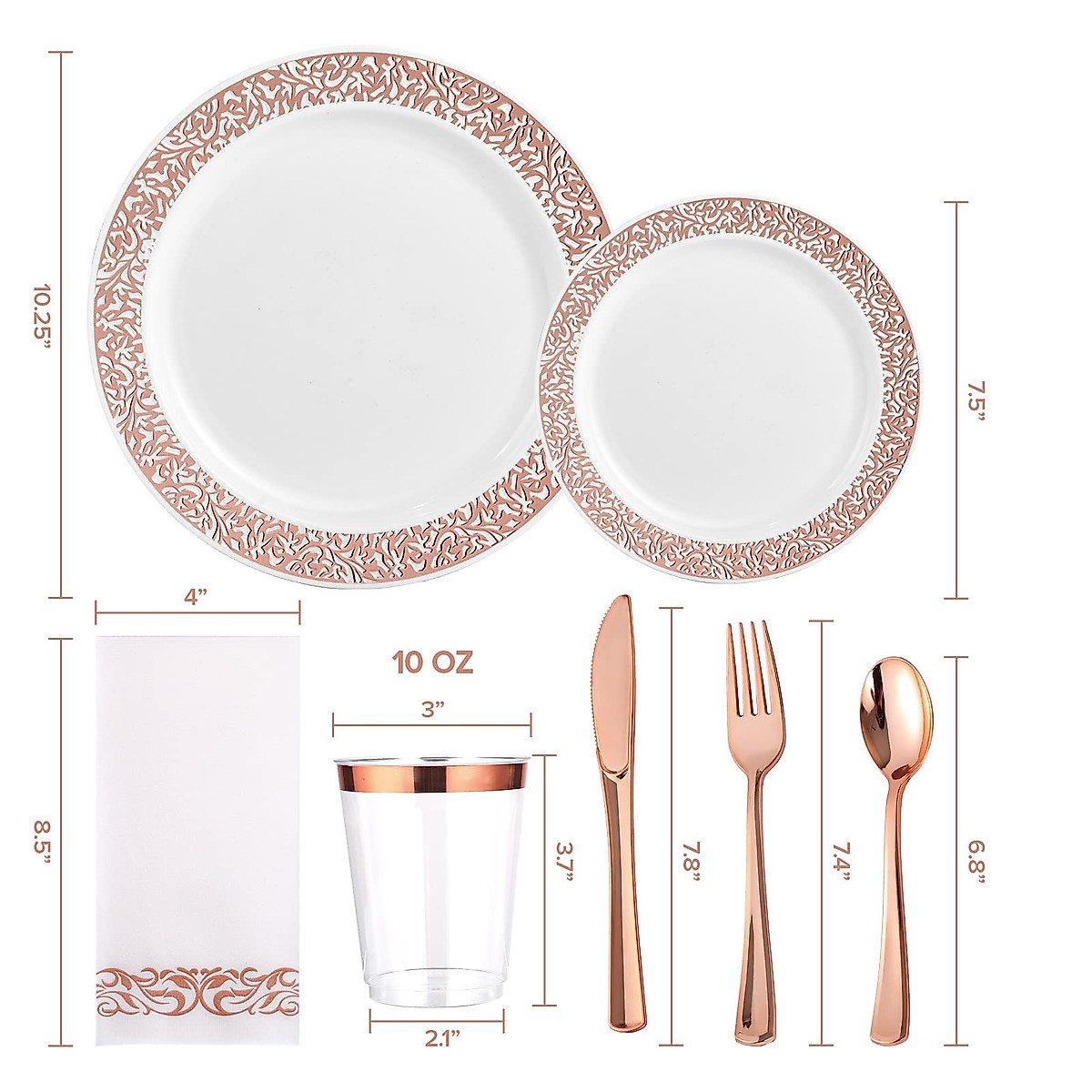 FOCUSLINE 350pcs Rose Gold Dinnerware Set for 50 Guests, Rose Gold Lace Plastic Plates Disposable Heavy Duty, Including 50 Dinner Plates, 50 Dessert Plates, 50 Cups, 50 Napkins, 50 Silverware Set