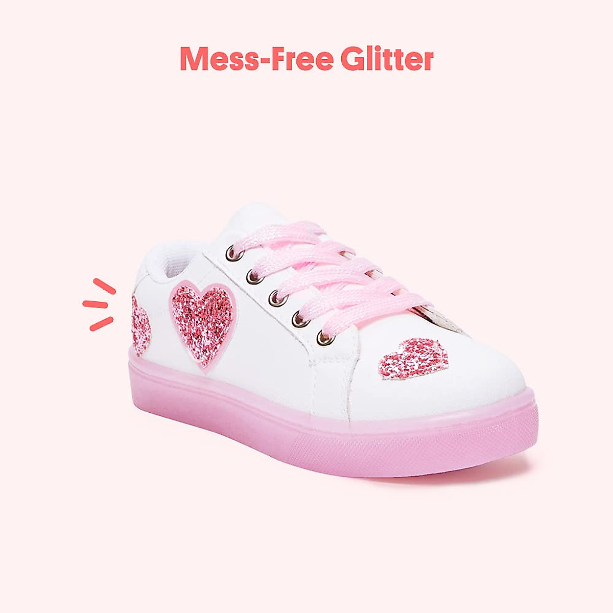 FabKids Girls Light Up Sneakers Glitter Heart White Shoes Low Top Lace Up Tennis Sneaker for Little Kid Size 2
