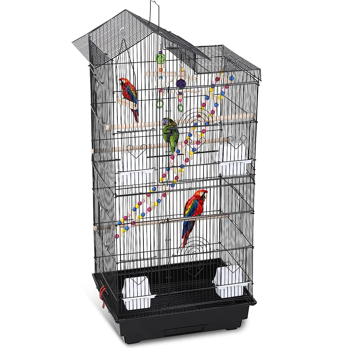 HCY 39 Inches Bird Cage Roof Top Large Flight Parrot Bird Cage with Toys for Medium Small Birds, Lovebirds, Finch, Cockatiel Parakeets, Parrot, Iron Bird Cage, Black, 17x14x39 Inch (Pack of 1)
