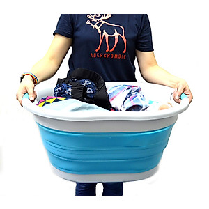 SAMMART 36L (9.5 gallon) Collapsible Plastic Laundry Basket - Oval Tub/Basket - Foldable Storage Container/Organizer - Portable Washing Tub - Space Saving Laundry Hamper, (Oval, Grey/Bright Blue)