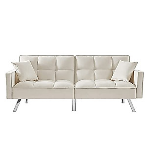Ucloveria Mid-Century Modern Sofa Futon Couch/Loveseat/Sectional Sofa/Velvet Sofa Bed with Armrests and 2 Pillows for Living Room Bedroom, 74.4" W, White