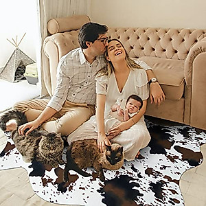 Aoczes Faux Cowhide Rug Cute Cow Print Rug Cow Rugs for Bedroom Living Room Nursery Western Home Decor Area Rug, Brown and White 4.6 x 5.2 Feet