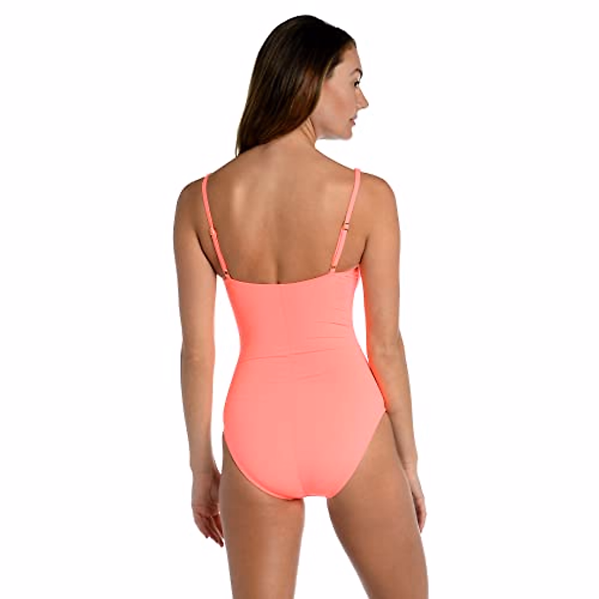 La Blanca Women's Island Goddess Over The Shoulder Rouched Front Bandeau One Piece Swimsuit, Hot Coral, 16