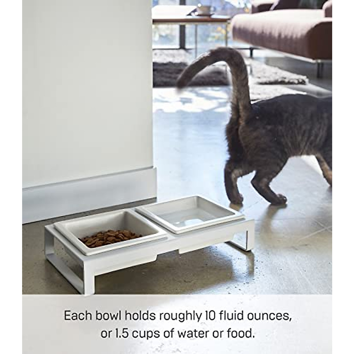 Yamazaki Home Tower Steel and Ceramic Pet Food Stand | 2 Bowls for Food and Water | Feeder for Small Cats and Dogs | Non-Slip - Short - 1.25 Cups, 300 Milliliters Per Bowl, White