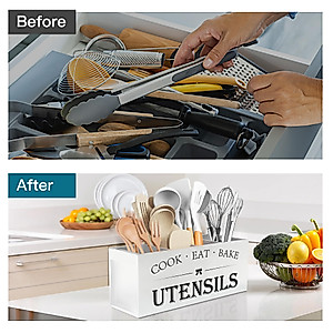 Suli Extra Large Kitchen Utensils Holder with 4 Compartments, Wooden Utensil Organizer for Kitchen Countertop, Farmhouse Kitchen Decor, Rustic Cooking Utensil - White