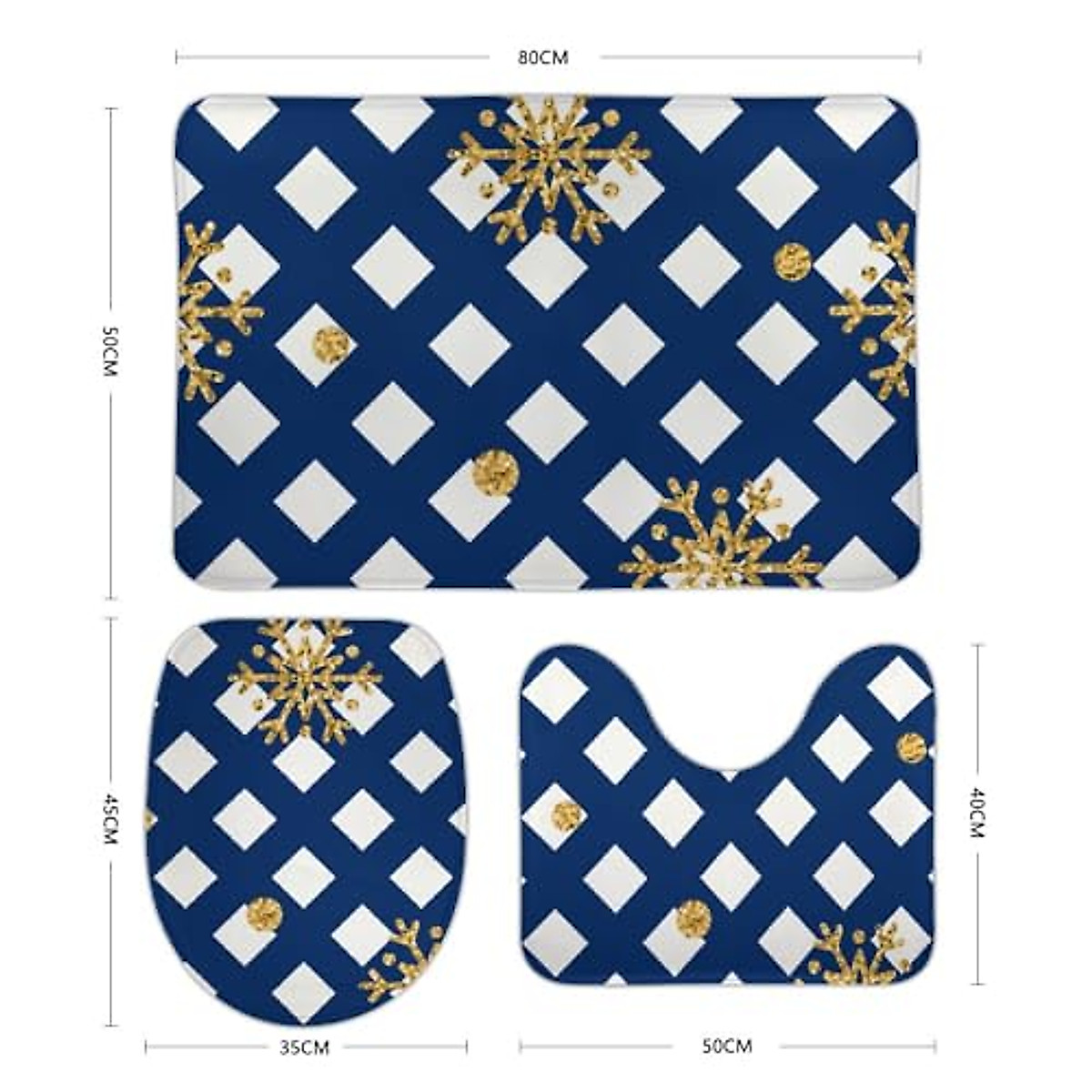 Isicerss Bathroom Mat Set Non-Diamond Chequered Golden Snow Slip Bath Rug U-Shaped Contour Toilet Mat and Toilet Lid Cover Bath Mat,3 Piece
