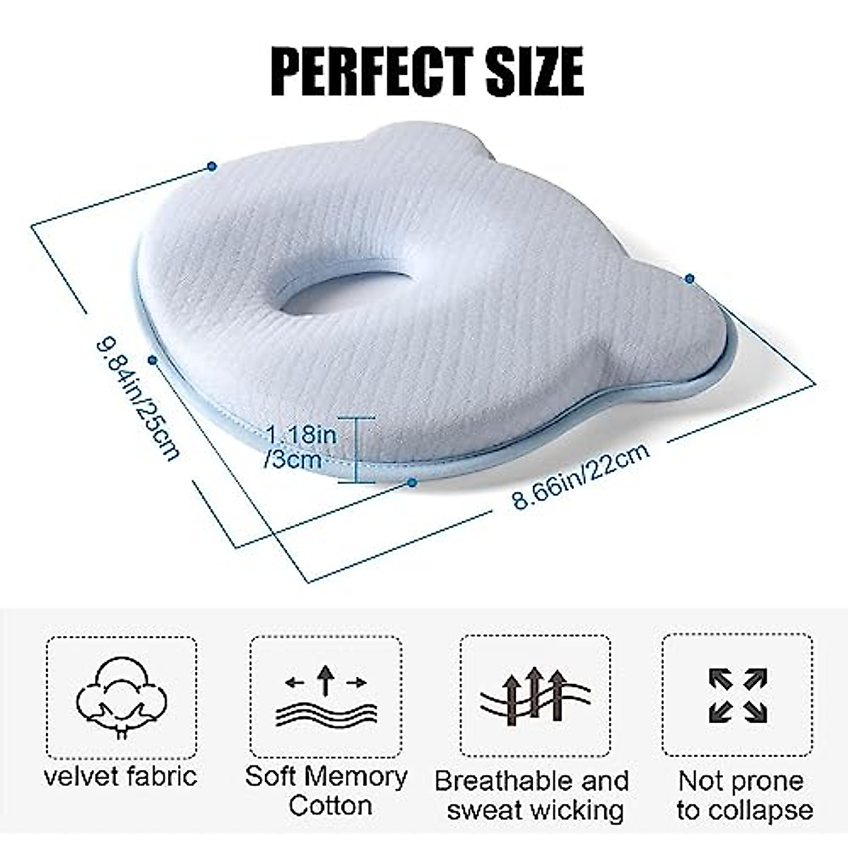 2023 New Upgrade Soft and Cozy Вaby Pillow Prеvents FΙat Head and Shapеs Ιnfant's Head Вaby Hеad Pillow Blue