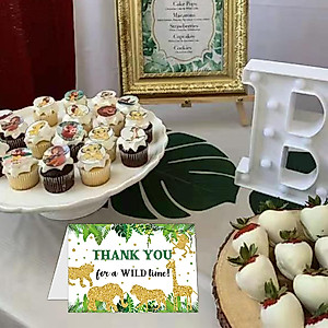 WalMor 30 Jungle Safari Thank You Card, Baby Shower Favor Bag Toppers, Wild Animals Place Tent Card, Jungle Safari Animal Dessert Table Decorations (3.9 x 5.5 Inch)