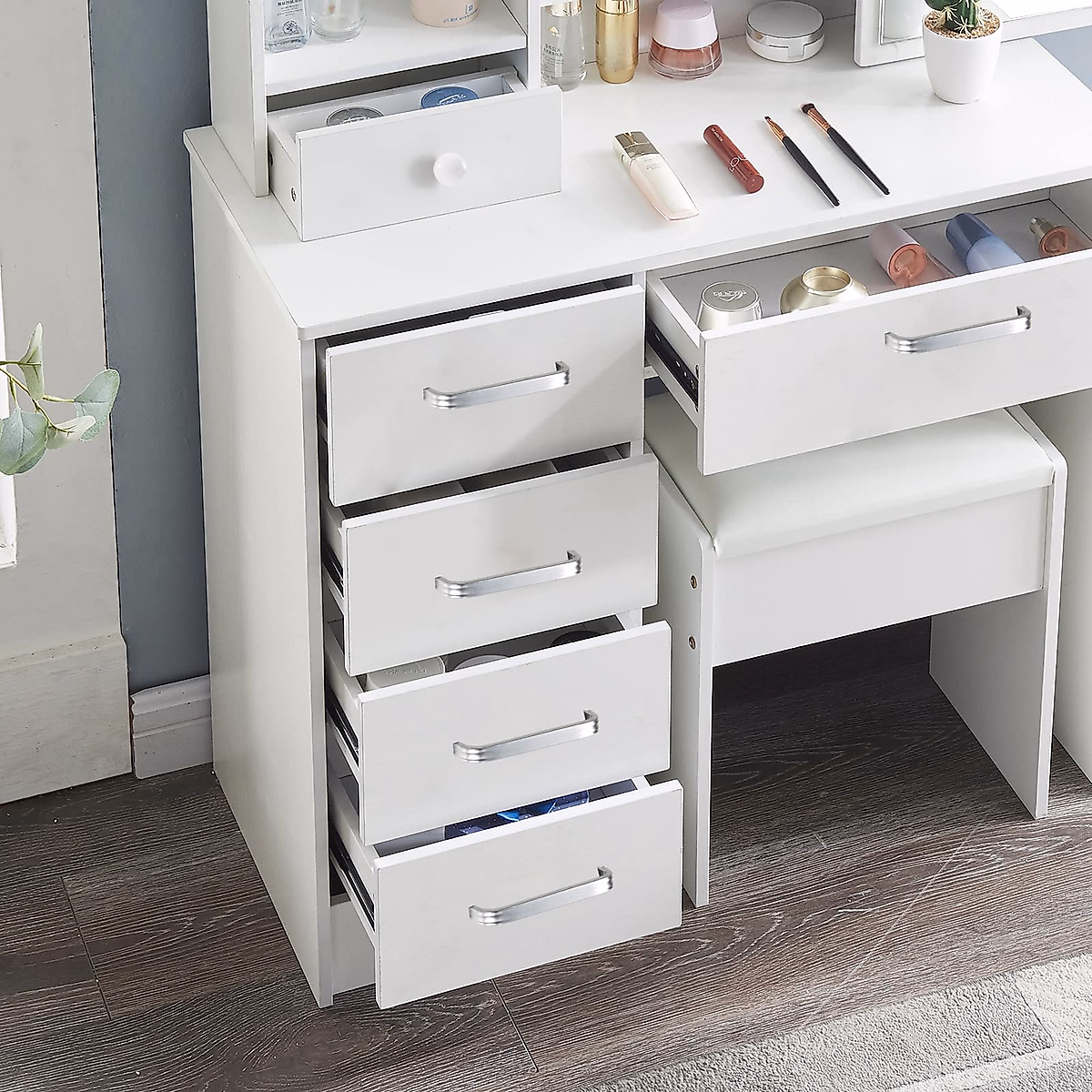 White Vanity Desk with Mirror and Lights, Makeup Vanity Desk with 5 Drawers of Storage, Bedroom Makeup Dressing Table with Stool, White (JTO-07)