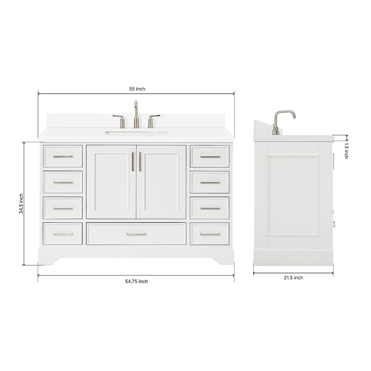 ARIEL Stafford 55" White Bathroom Vanity, 1.5" Edge Pure White Quartz Countertop & Splash, Single Rectangular Sink, 2 Soft Closing Doors, 9 Full Extension Dovetail Drawers, Brushed Nickel
