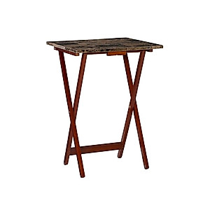 Pemberly Row 5 Piece Wood Folding Faux Marble Table Tray Set in Brown