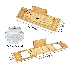 Bathtub Caddy Tray, Expandable Bamboo Bath Tray Waterproof for Tub with Wine Holder Built in Book Tablet Integrated Wineglass Holder Phone Tray & Accessories Placement（expands to 43 inches）