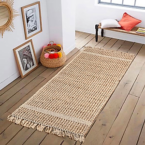 Chardin home Jute Rugs Collection- 2x5 Feet Jute Boucle Rug, Long, Boho, Rustic, Natural Jute/Sand Color, Hand Braided Runner Rug for Bedroom, Living Room, Kitchen and hallways