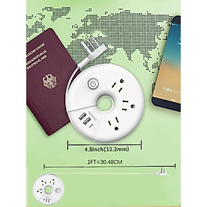 NTONPOWER Travel Power Strip with 3 USB Ports(1 USB C), 3 Outlets,i-Donut Power Strip Flat Plug Extension Cord 1ft Portable Power Strip for Cruise Ship Hotel, Airport,White