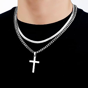 RUOOUY Layered Cross Necklace for Men Boys Stainless Steel Layered Snake Chain Cuban Link Chain 16-24 inch Christian Cross Pendant Religious Jewelry Gifts(S-18-20)