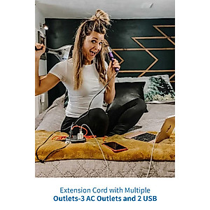 Extension Cord 15 ft Bundle,Flat Plug Power Strip with Widely Spaced Outlets USB Ports, Wall Mount Power Strip, Long Extension Cord with Multiple Outlets for Home, Office