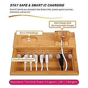 Bamboo Charging Station for Multi Device with 5 USB A Charger Port Sendowtek 6 in 1 Charging Stand for Phone Tablet Smart Watch Holder Earbud Dock Charger Organizer with Power Supply(no watch charger)