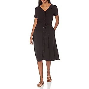Amazon Essentials Women's Short-Sleeve Midi Button Front Tie Dress, Black, Large