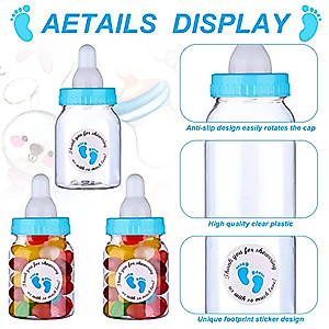 62 Pcs 3.5 Inch Baby Mini Milk Bottle Baby Shower Favor with 500 Adhesive Thank You for Showering Stickers, Small Plastic Candy Bottle DIY Gift for Boy Girl Newborn Baptism Party Decor (Blue)